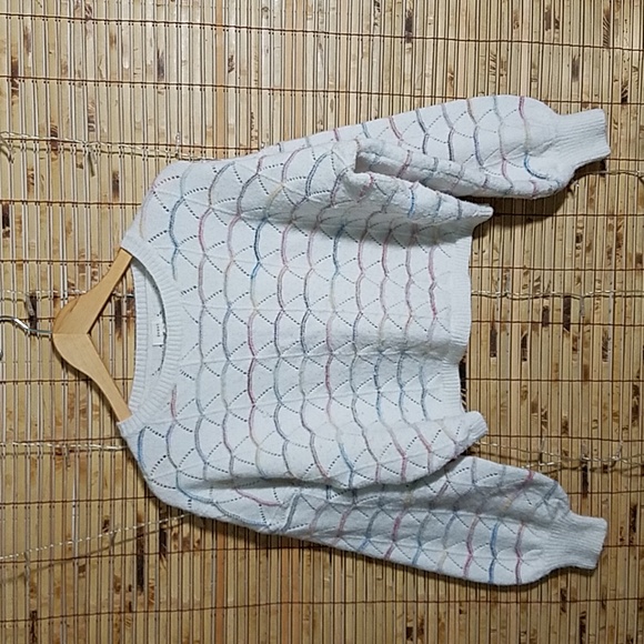 debut | Sweaters | Debut White Puff Sleeve Sweater With Pastel Designs ...